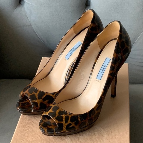 Prada | Shoes | Prada Patent Leopard Print Heels Size 38 Fits 7 Made In ...